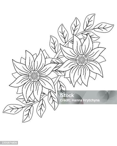 작은 잎을 가진 두 개의 큰 꽃 색칠을 위한 벡터 선형 그리기 잎이 달린 꽃 색칠 공부 책을위한 봄과 여름 패턴 0명에 대한 스톡 벡터 아트 및 기타 이미지 Istock