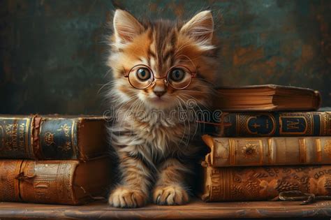 Cute Siberian Kitten In Glasses And Old Books On Dark Background Cute