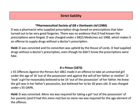 Strict Liability Case And Statute List For Aqa A Level Law Teaching