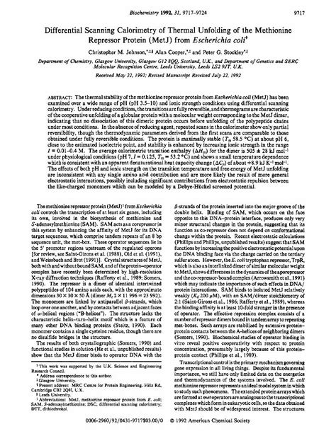 Pdf Differential Scanning Calorimetry Of Thermal Unfolding Of The Methionine Repressor Protein