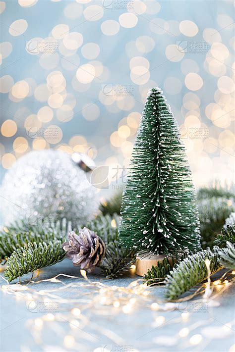 点缀着圣诞树和闪烁的灯光的圣诞云杉。