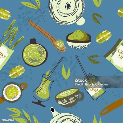 녹색 말차 음식 음료 나뭇잎 찻주전자 도구 머그잔 컵이 있는 완벽한 패턴입니다 건강한 유기농 제품 사람의 손으로 끝없이 반복 가능한 일본 식감 인쇄를 위한 색상 벡터