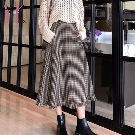 술 밑단 포켓 드레이프 울 혼방 레트로 트위드 미디 스커트 루즈한 하이 웨이스트 우아한 한국 패션 여성 스키 엔카 빈티지 Saia스커트 Aliexpress