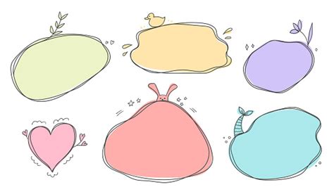 나뭇잎 꽃 하트 오리 토끼 인어 꼬리 요소로 장식된 귀여운 유치한 낙서 프레임 세트 빈 공간이 있는 다양한 낙서 모양 벡터 일러스트 레이 션 공란에 대한 스톡 벡터 아트 및