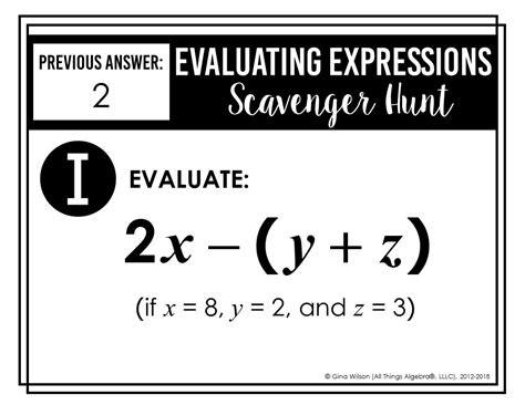 Evaluating Expressions Scavenger Hunt All Things Algebra