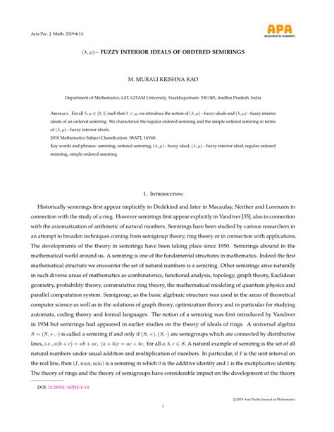 Pdf µ − Fuzzy Interior Ideals Of Ordered Semirings