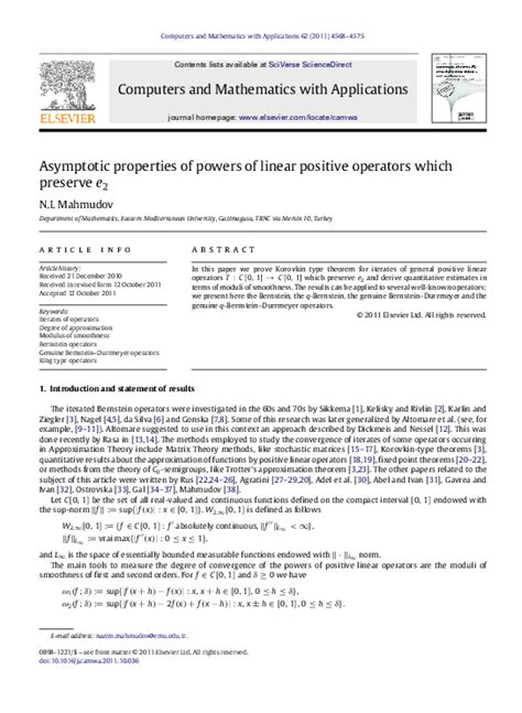 Pdf Asymptotic Properties Of Powers Of Linear Positive Operators Which Preserve