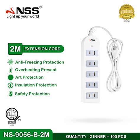 2 meters extension cord heavy duty 5 gangs 5 sockets home office with switch white with gray nss