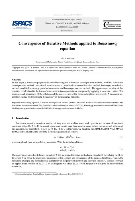 Pdf Convergence Of Iterative Methods Applied To Boussinesq Equation