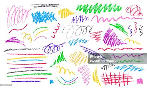 화려한 크레용 또는 숯 라인 세트 그런지 파스텔 연필 질감의 낙서 라인 손으로 그린 분필 낙서 또는 거친 자국 배너 디자인 낙서 유치한 그림을 위한 스케치 구불구불한 브러시