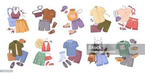 여행 여름 해변 옷 세트 패션 룩 아이템 열대 신발과 셔츠 드레스와 모자 양말과 바지의 벡터 그림 여성과 남성 여름 옷감 직원 가방에 대한 스톡 벡터 아트 및 기타 이미지