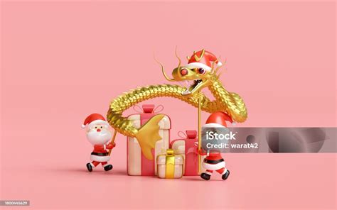 3d 골드 중국 드래곤 댄스 산타 클로스 선물 상자 모자 메리 크리스마스와 새해 복 많이 받으세요 3d 렌더링 일러스트레이션 2024년에 대한 스톡 사진 및 기타 이미지