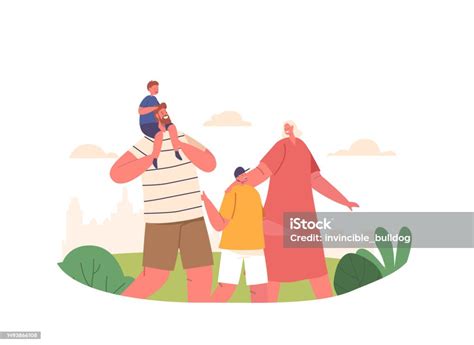 즐거운 가족 캐릭터 부모와 아이들이 공원을 거닐며 자연의 아름다움을 껴안고 웃음을 나눕니다 가족에 대한 스톡 벡터 아트 및 기타 이미지 가족 건강한 생활방식 걷기