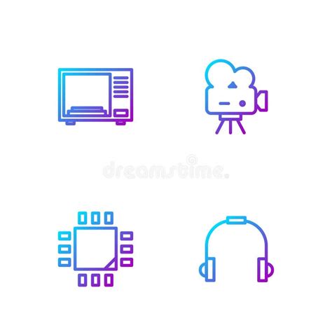 Set Line Headphones Processor With Microcircuits Cpu Microwave Oven And Retro Cinema Camera