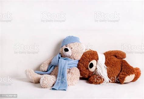 어린이 장난감 테디 베어는 니트 흰색과 파란색 스카프와 모자에 흰색 소파에 앉아 가을에 대한 스톡 사진 및 기타 이미지 가을
