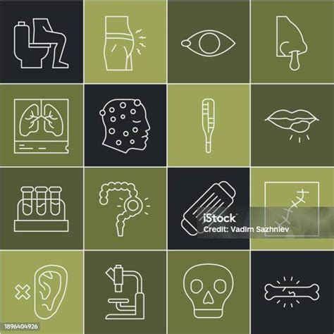 세트 라인 뼈 통증 봉합사와 흉터 헤르페스 입술 실명 건선 또는 습진 발진 폐 엑스레이 변비 및 의료 온도계 아이콘 벡터 X 레이에 대한 스톡 벡터 아트 및 기타 이미지