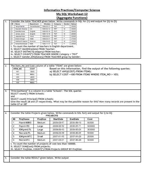 Worksheet 12 Only Qs Aggregate Functions Group By Download Free Pdf Computer