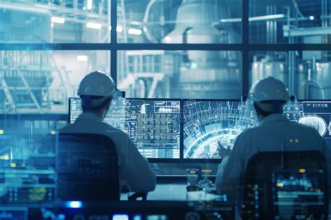 Engineers Monitoring Advanced Technology Systems In An Industrial Facility Stock Illustration