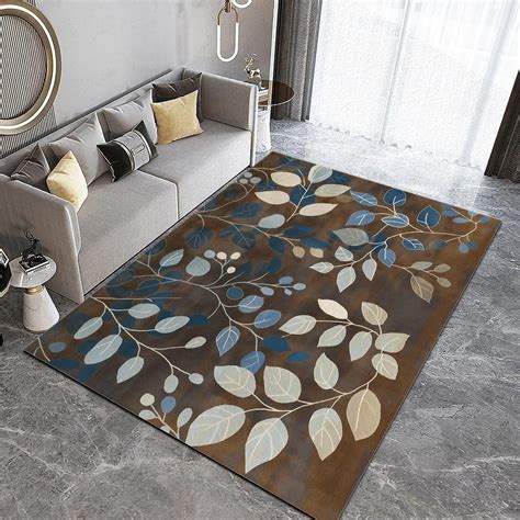 Brown And Blue Leaves Area Rug Vines And Floral Rugs Non Shedding