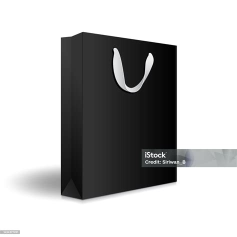 빈 검은 종이 쇼핑백 또는 리본 핸들 모형 템플릿이있는 선물 가방 그림자가있는 흰색 배경에 격리되어 있습니다 브랜딩 디자인에