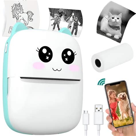 Портативный мини принтер с Bluetooth рулон термобумаги Голубой Детский термопринтер