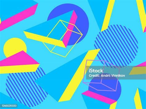 80 년대 스타일의 3d 기하학적 원활한 패턴 3d 등각 삼각형 사각형 및 원 홍보 제품 포장지 및 인쇄배경 벡터 일러스트레이션 기하 도형에 대한 스톡 벡터 아트 및 기타