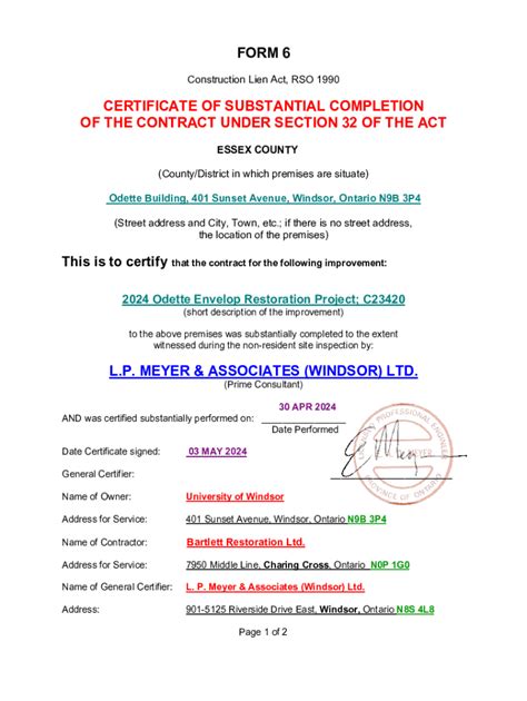Fillable Online Form 6 Certificate Of Substantial Completion Of The Fax Email Print Pdffiller