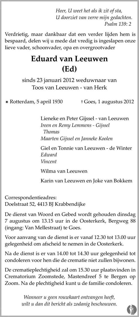 Eduard Ed Van Leeuwen 01 08 2012 Overlijdensbericht En Condoleances Mensenlinq Nl