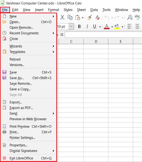 LibreOffice Calc Menus और उसक Options क List in Hindi for CCC