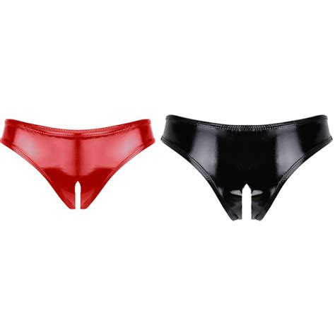 Women Leather Underwear Open Crotch High Cut Mini Briefs Panties Wish