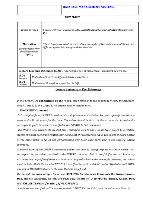 Insert Delete And Update Statements In Sql Database Management Systems Summary Topics