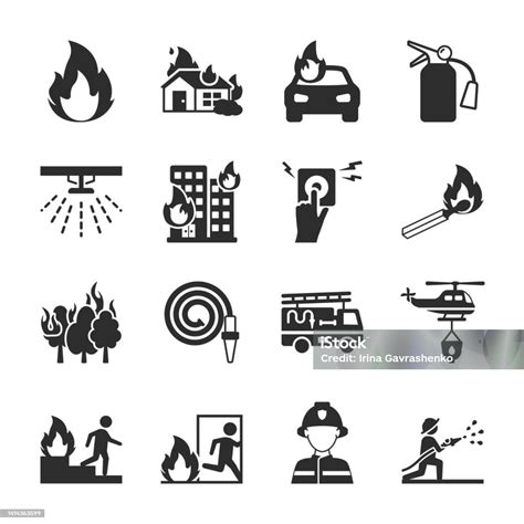 화재 아이콘이 설정됩니다 예방 조치 및 소방 안전 및 지침 흑백 흑백 아이콘 아이콘에 대한 스톡 벡터 아트 및 기타 이미지 아이콘 소방관 불 Istock