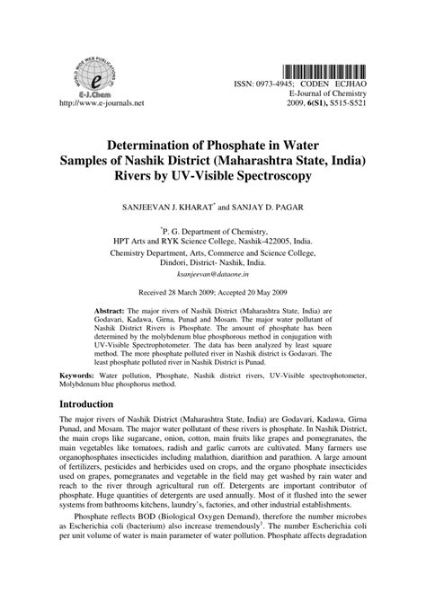 Pdf Determination Of Phosphate In Water Samples Of Nashik District Maharashtra State India