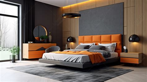 갈색 가구와 생동감 넘치는 섀기 그레이 카펫을 갖춘 현대적인 침실의 놀라운 3d 렌더링 갈색 가구와 생동감 넘치는 섀기 그레이 카펫을 갖춘 현대적인 침실의 놀라운 3d