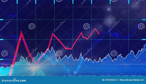 Multiple Graphs Over Grid Network Against Spots Of Light On Blue Background Stock Illustration