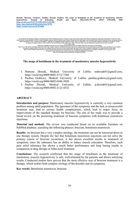 Pdf The Usage Of Botulinum In The Treatment Of Masticatory Muscles Hyperactivity