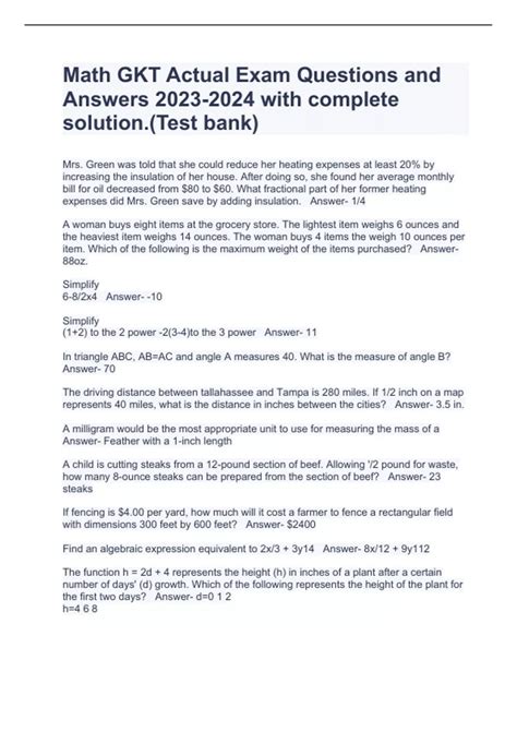 Math Gkt Actual Exam Questions And Answers With Complete Solution Test