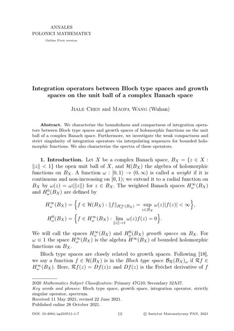 Pdf Integration Operators Between Bloch Type Spaces And Growth Spaces On The Unit Ball Of A