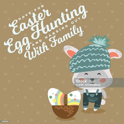 부활절 아기 토끼 모자와 바지의 충분히 큰 바구니를 들고에 계란 장식 절연 Whire 토끼 귀 달걀 벡터 일러스트 레이 션 카드