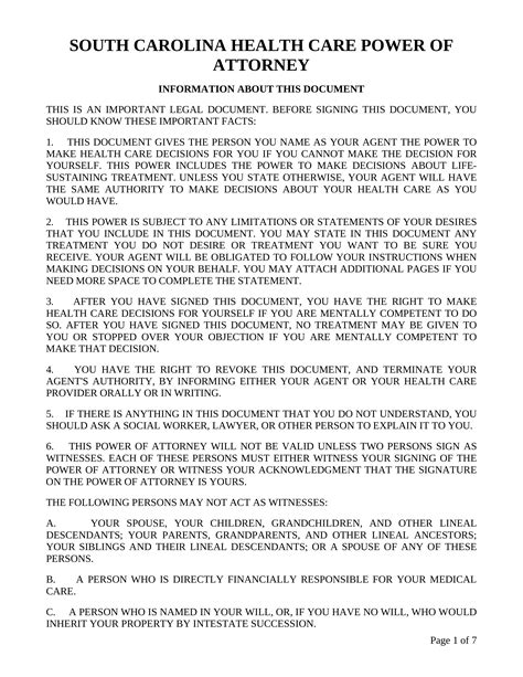 South Carolina Power Of Attorney Printable Blank Form Printable Forms