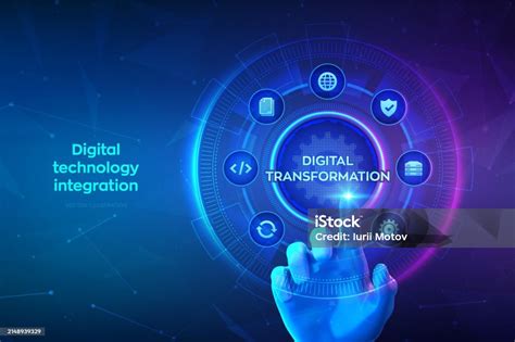 디지털 트랜스포메이션 비즈니스 프로세스의 디지털화는 가상 화면에서 현대 기술 개념을 제공합니다 파괴 혁신 솔루션 디지털 인터페이스를 만지는 손 벡터 일러스트 레이 션
