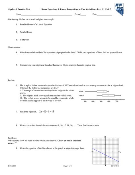 Algebra 1 Practice Test Linear Equations And Inequalities