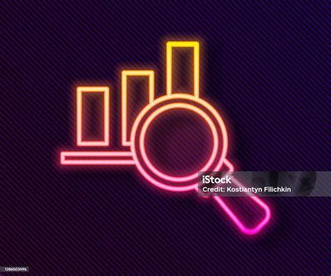 Glowing Neon Line Magnifying Glass And Data Analysis Icon Isolated On Black Background Vector