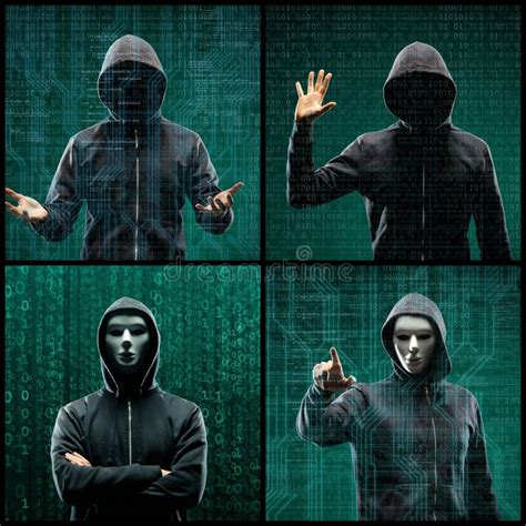 Computer Hacker In White Mask And Hoodie Obscured Dark Face Data