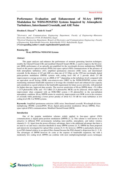 Pdf Performance Evaluation And Enhancement Of M Ary Dppm Modulation For Wdm Ponfso Systems