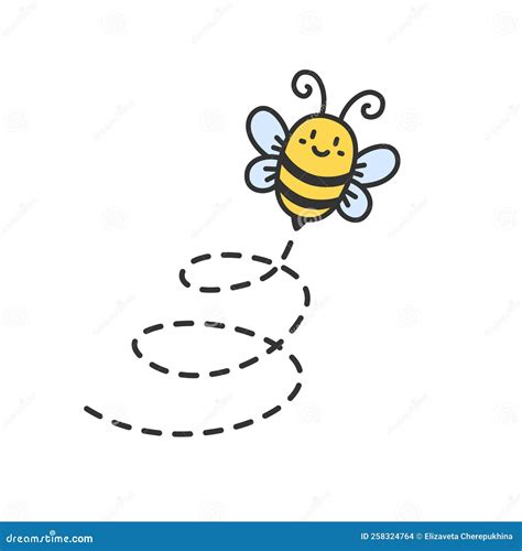 Bee Flying Path Travel Dotted Route The Flight Path Hand Drawn Cartoon Honey Bee Vector