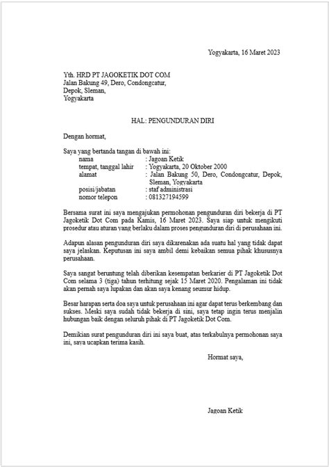 Download Contoh Surat Resign Pengunduran Diri Yang Baik