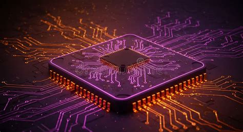 A Central Processing Unit Cpu Is Depicted Featuring Glowing Orange And Purple Circuitry On A