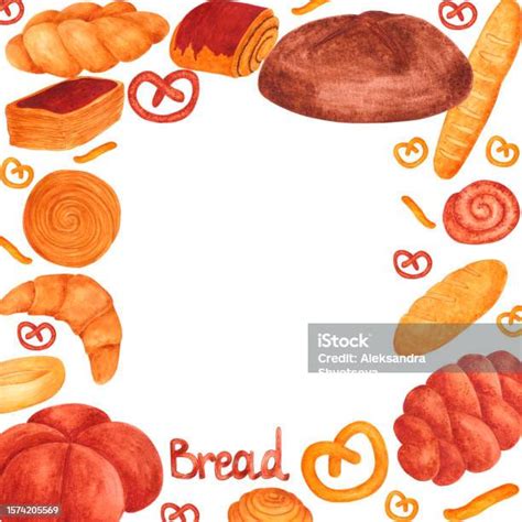 손으로 그린 수채화 빵과 빵 프레임 하숙인 흰색 배경에 격리되어 있습니다 스크랩북 디자인 카드 라벨 배너 및 모든 인쇄물에 사용할 수 있습니다 0명에 대한 스톡 벡터 아트
