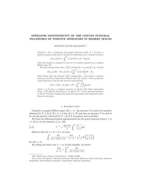 Pdf Operator Monotonicity Of The Convex Integral Transform Of Positive Operators In Hilbert Spaces